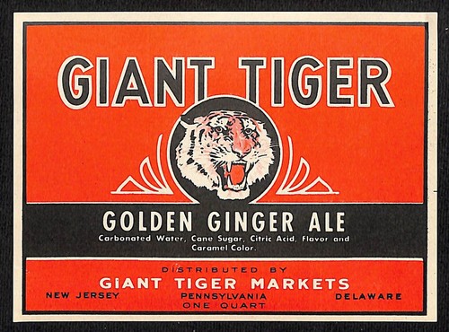 Giant Tiger Golden Ginger Ale Paper Soda Label NJ PA DE c1940's-50's ...