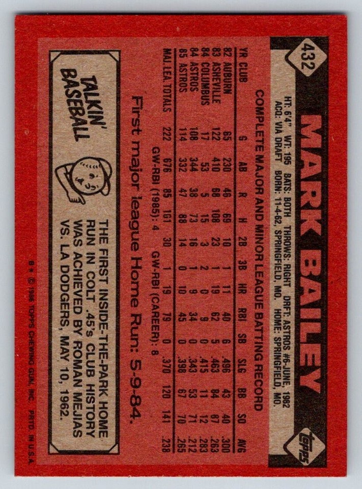 1986 Topps #432 Mark Bailey Houston Astros | eBay