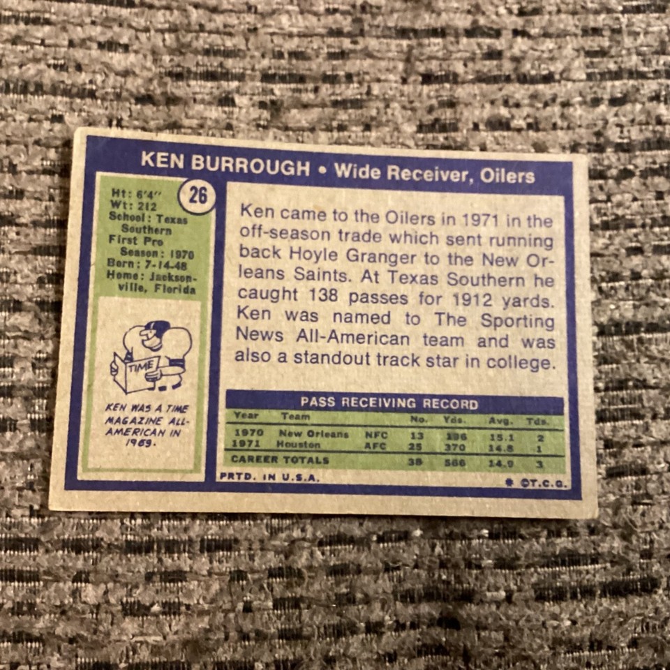 1972 Topps KEN BURROUGH Rookie Card (RC) - HOUSTON OILERS & TEXAS ...