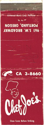 Portland Oregon Chef Joe's Restaurant Vintage Matchbook Cover | eBay