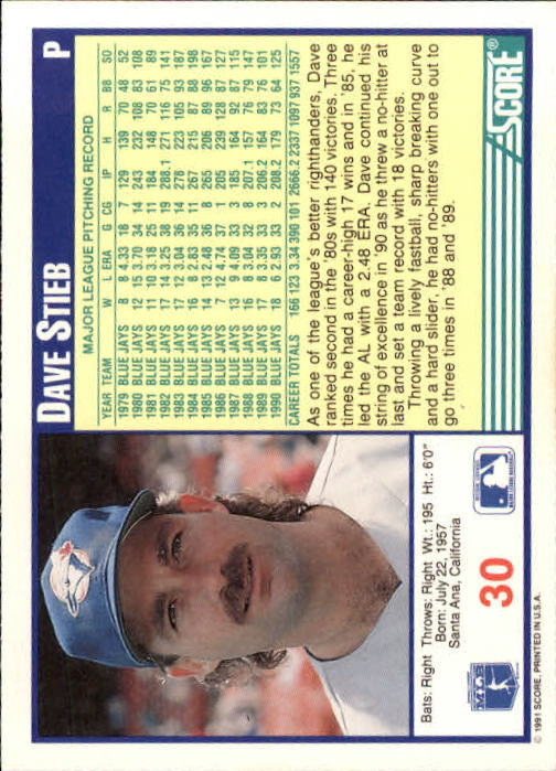 1991 Score Toronto Blue Jays Baseball Card #30 Dave Stieb UER | eBay