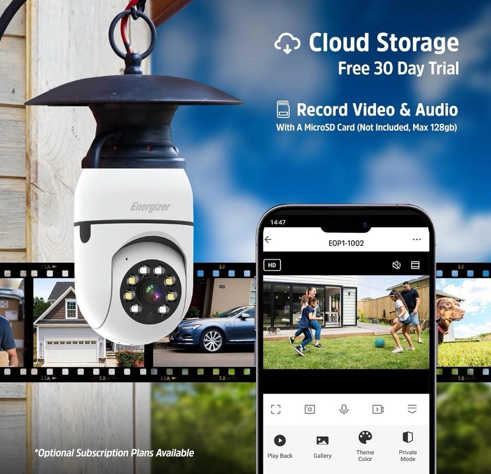 Energizer Smart WiFi Indoor Outdoor Bulb Socket Pan Tilt Camera 1080p 2 ...