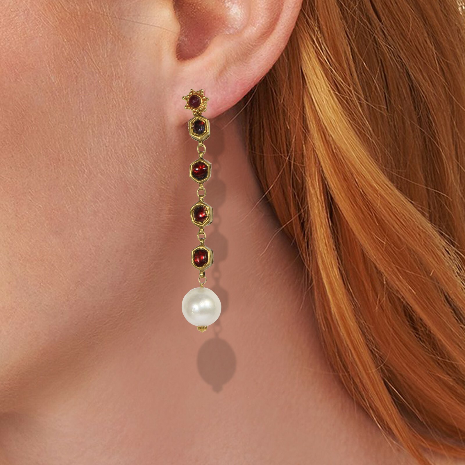 22k Gold Reversible Earrings with Red and Green Stone Pearl Drop Long ...
