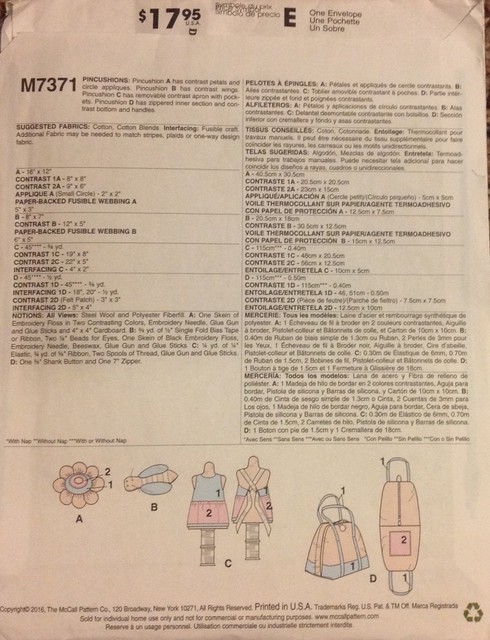 McCalls Craft Pattern 7371 Pin Cushions Sewing Organizer Un-cut for ...