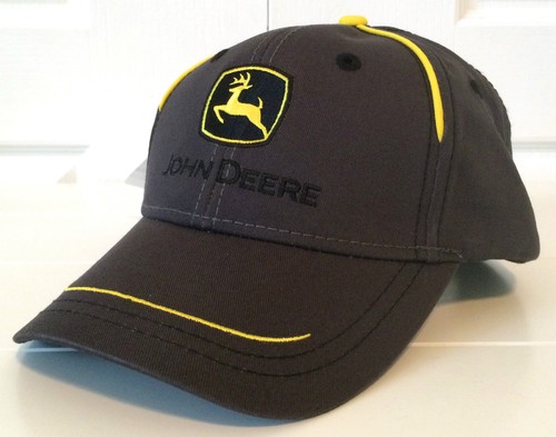 John Deere Charcoal Gray Fabric Hat Cap W Yellow Piping Adjustable for ...