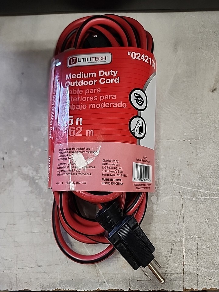 Utilitech Extension Cord 25' Outdoor/Indoor 3-Outlet 15A 1875W Cord RR1 ...