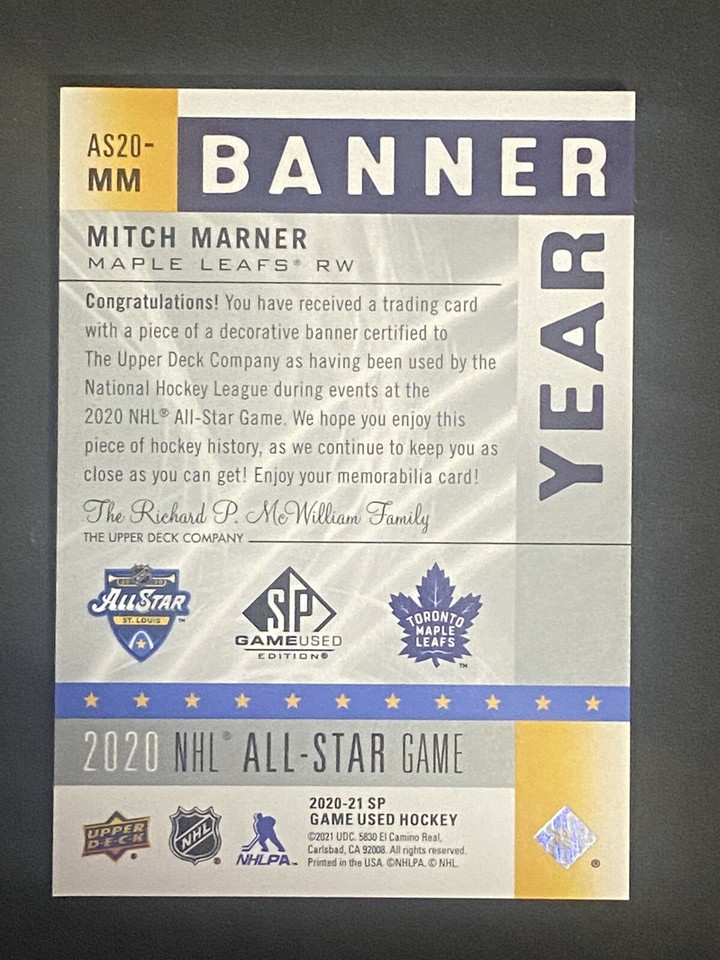 2020 Upper Deck SP Game Used Mitch Marner All-Star Banner Year Relic ...