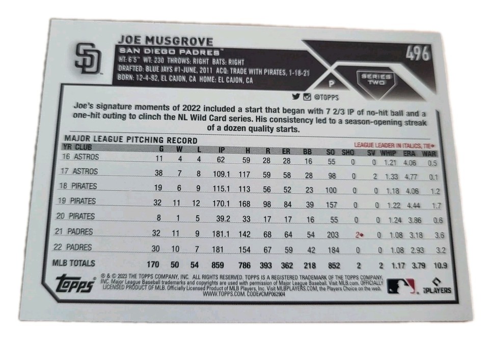 2023 Topps Joe Musgrove San Diego Padres #496 MLB Baseball Card (A8 | eBay