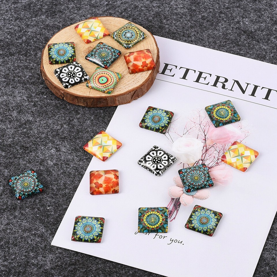 20pcs Floral Pattern Glass Flatback Square Cabochons Mixed Color ...