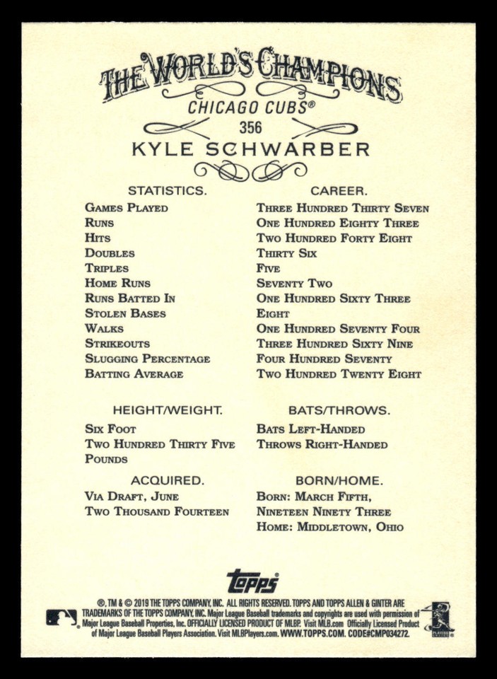 2019 Topps Allen & Ginter X Kyle Schwarber SP Short Print #356 | eBay