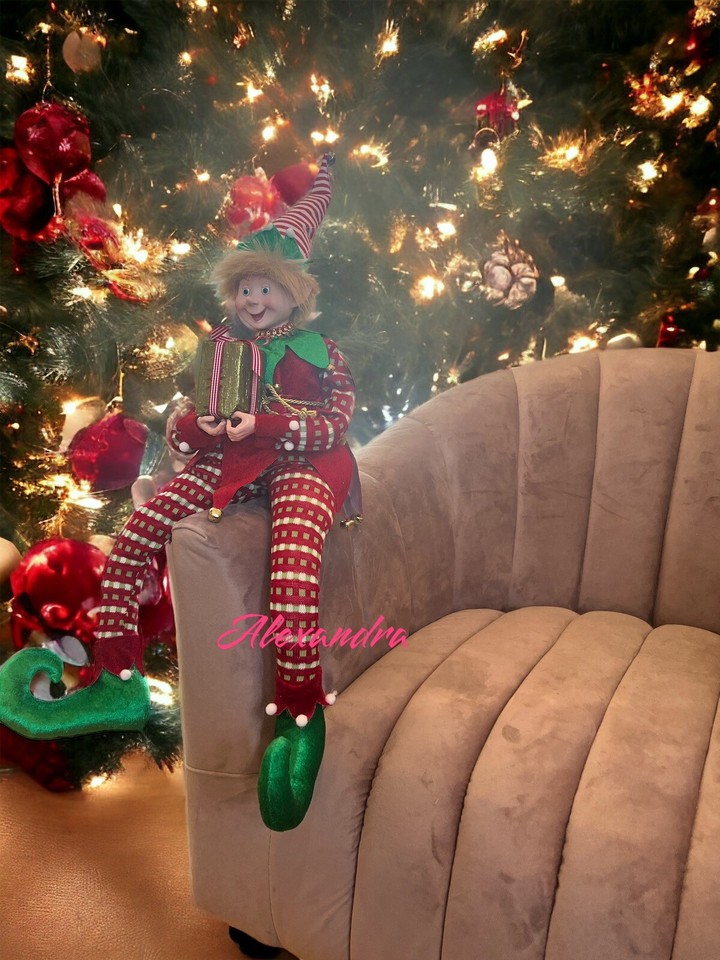 Elf 30” Shelf Sitting Posable Legs Red & Green Bells Present Christmas ...