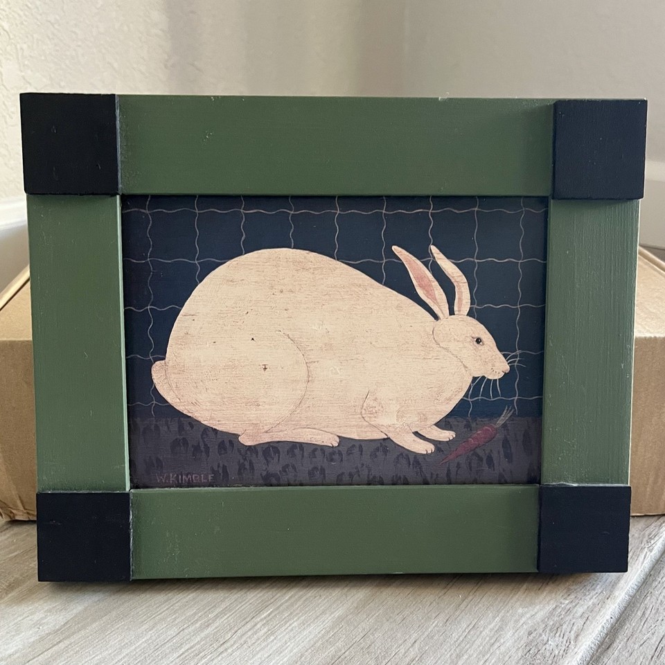 Vtg Warren Kimble Rabbit Framed Folk Art Print Farm Bunny Country Wood ...