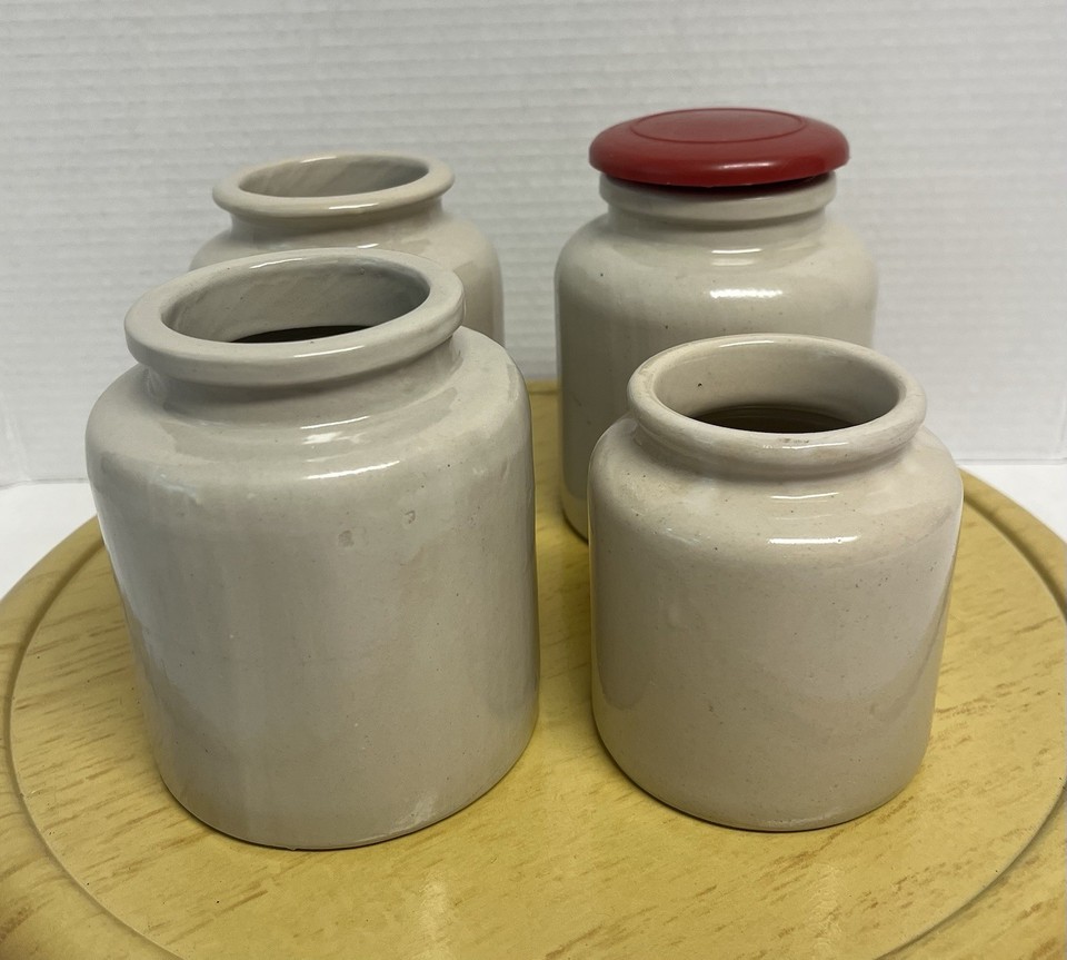 Vintage French Mustard Kitchen Crocks Stoneware Jars Creamy White | eBay