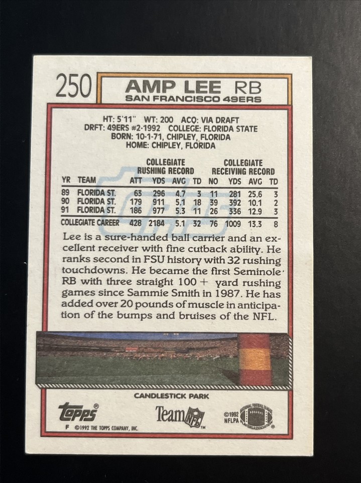1992 Topps Football Card #250 Amp Lee RC C4 | eBay