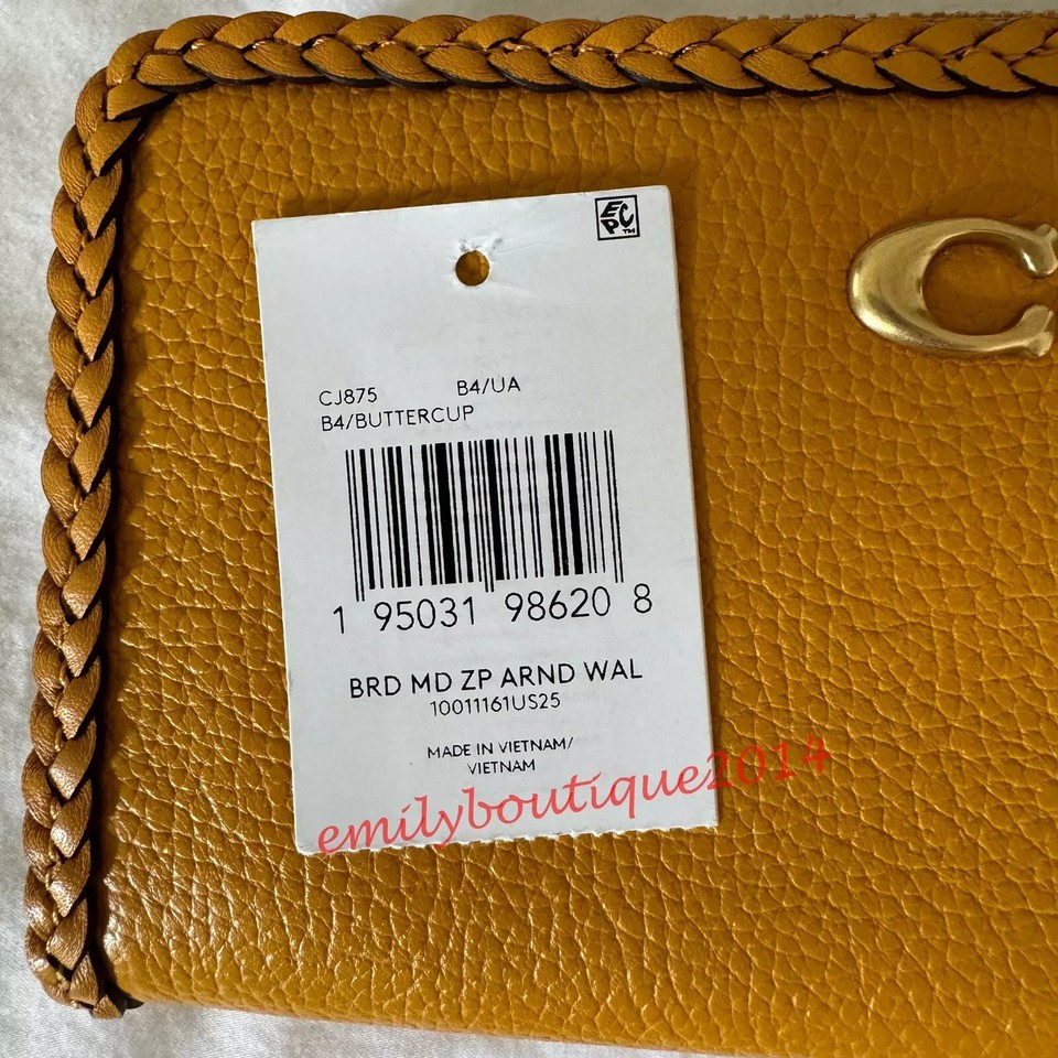 NWT Coach CJ875 Braid Medium Zip Around Wallet Buttercup Pebble Leather ...