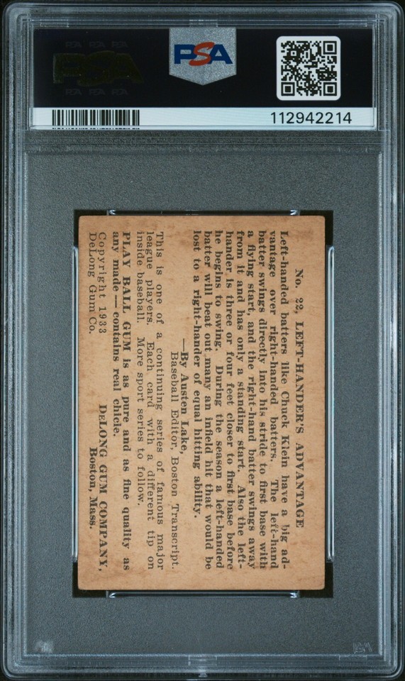 1933 DeLONG ORIGINAL BASEBALL CHUCK KLEIN #22 PHIL NATIONALS HOFer PSA ...