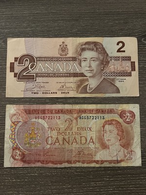 (2) $2 Dollar Canadian Bill 1974,1986 Circulated Currency Queen ...