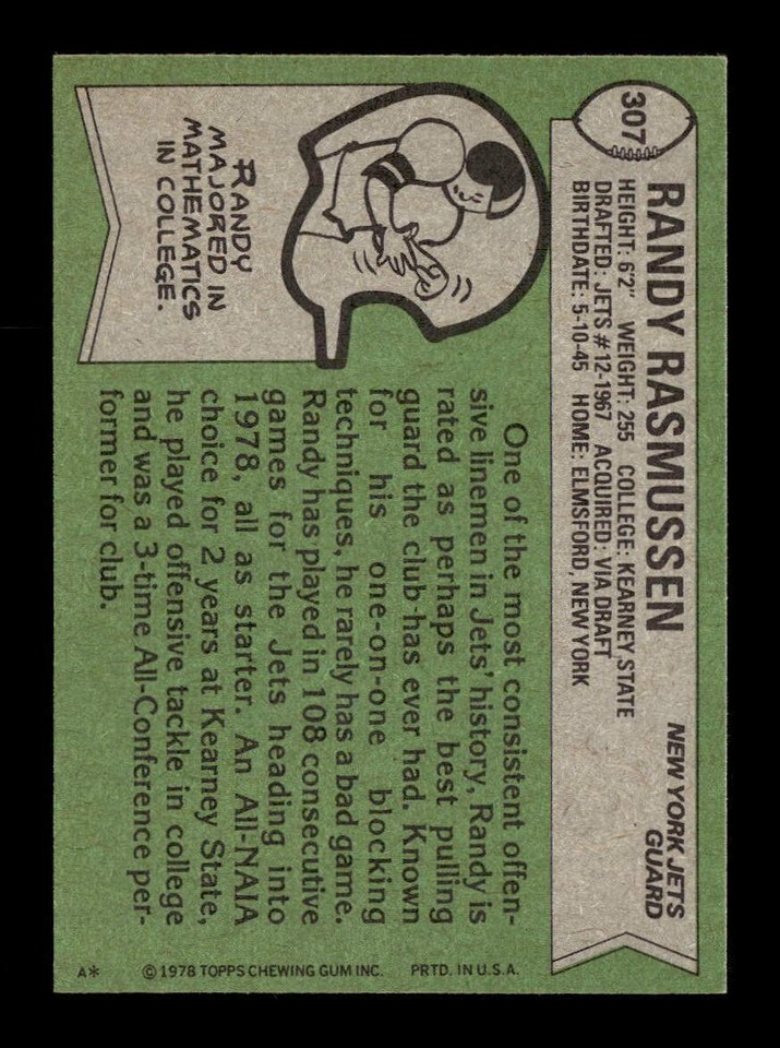 1978 Topps #307 Randy Rasmussen New York Jets EX+ Football Card *I7 | eBay