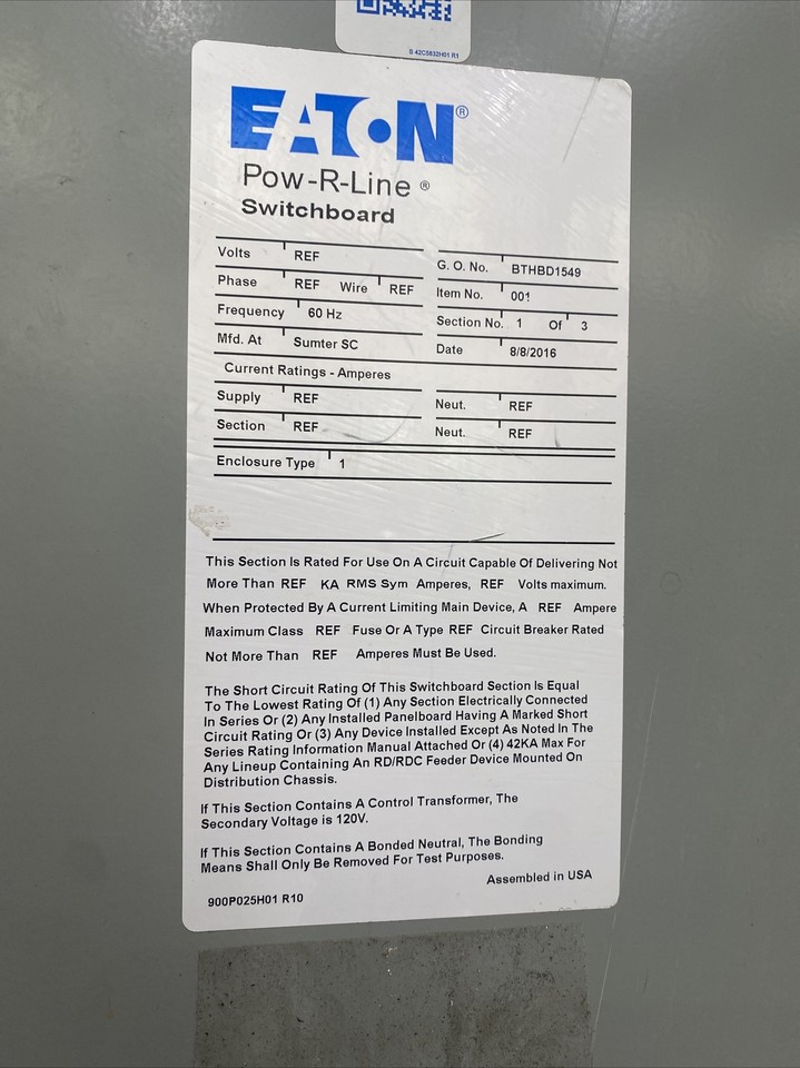 Eaton Switchboard Main + Dist 400 Amp 490Y/277 3 P/4W Nema 1 | eBay