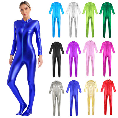 Womens Shiny Metallic Unitard Long Sleeve Catsuit Jumpsuit Performance ...