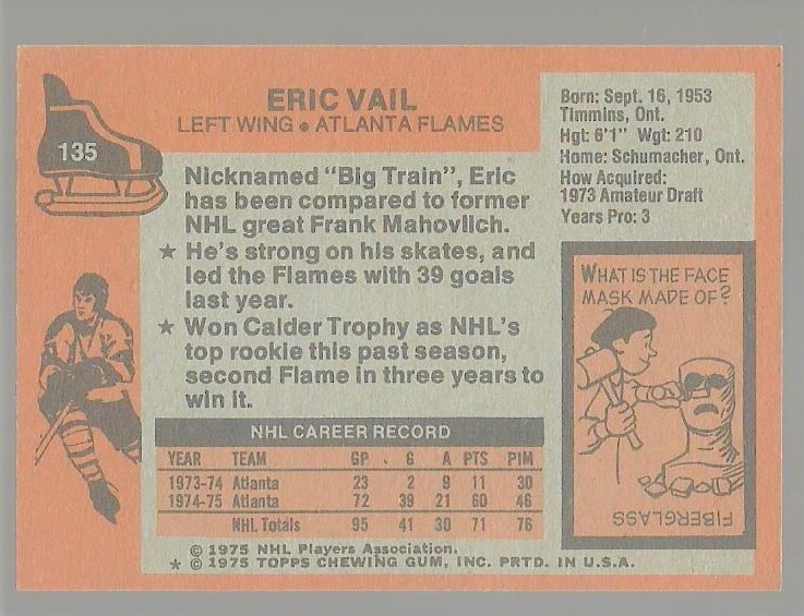 1975 TOPPS HOCKEY #135 ERIC VAIL NM+ ATLANTA FLAMES NICE VINTAGE | eBay