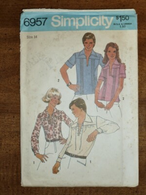 VINTAGE 1975 SIMPLICITY PATTERN #6957 *RETRO SHIRT/BLOUSE* MISSES 14 | eBay
