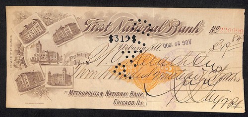 FNB Urbana, IL $319 1900 Bank Check Revenue Stamp w/ University ...