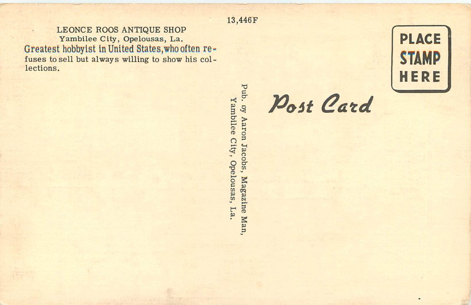 Postcard Leonce Roos Antique Shop Opelousas LA Yambilee City Landry ...