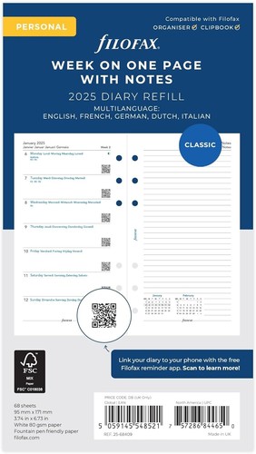 Filofax 2025 Personal size Diary Week On One Page with Lined Notes 25 ...