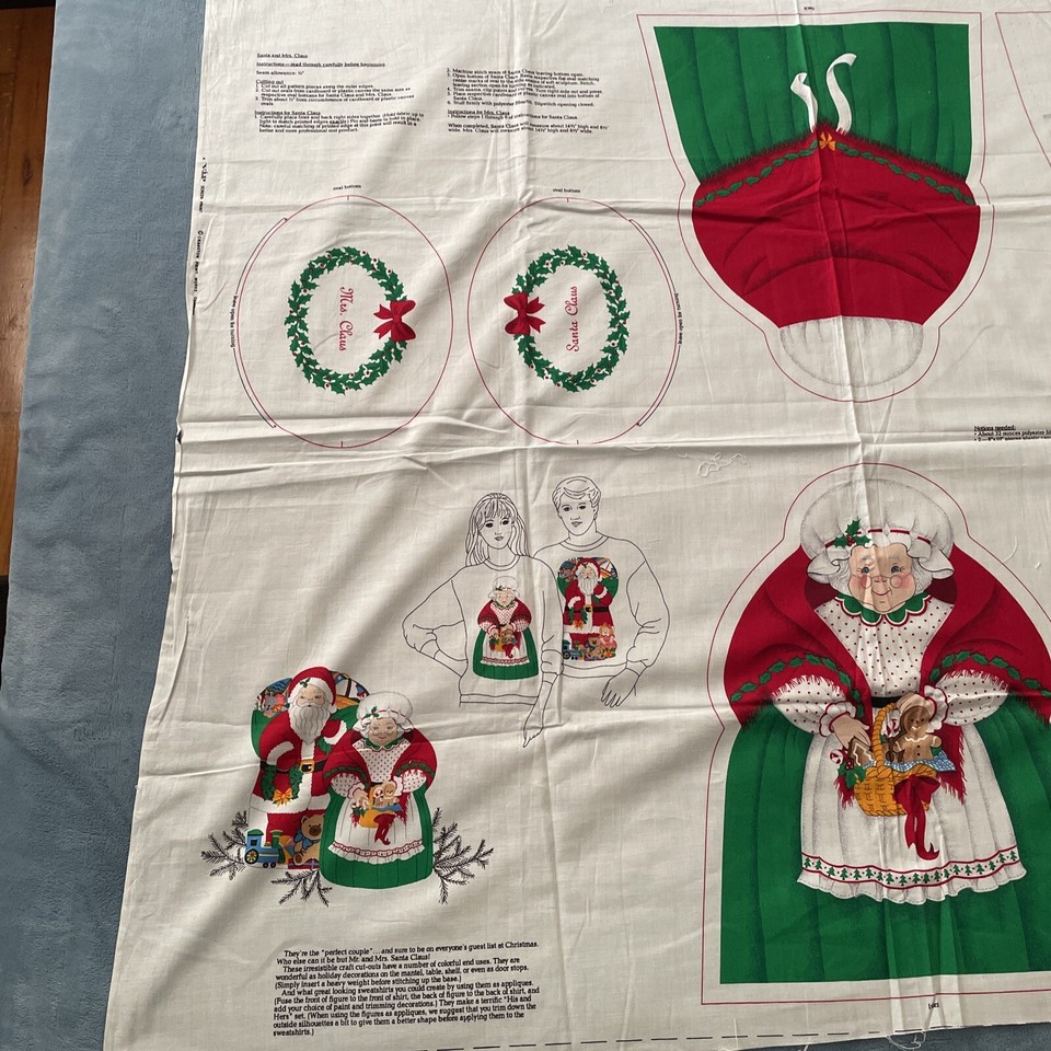Vtg 90s Christmas Santa & Mrs Clause Cut Sew Stuff Fabric Panel Stand ...