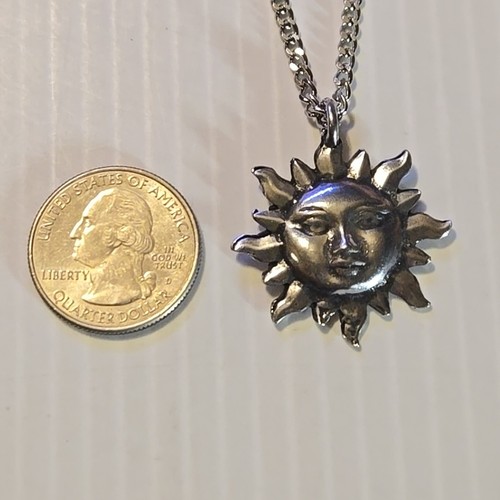 FACE IN THE SUN Pewter Pendant Charm / 18"-24" STAINLESS CURB CHAIN ...