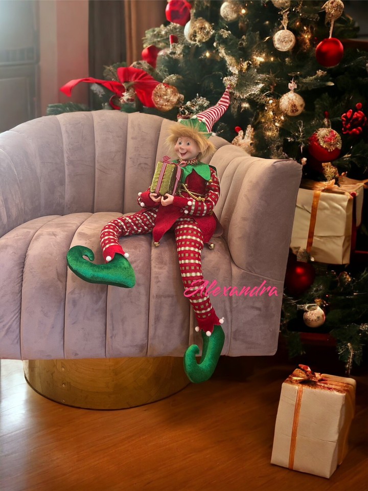 Elf 30” Shelf Sitting Posable Legs Red & Green Bells Present Christmas ...