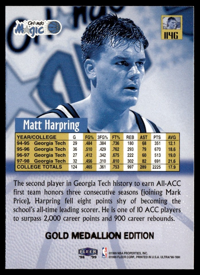 1998-99 Fleer Ultra Gold Medallion Edition Matt Harpring Rookie Orlando ...