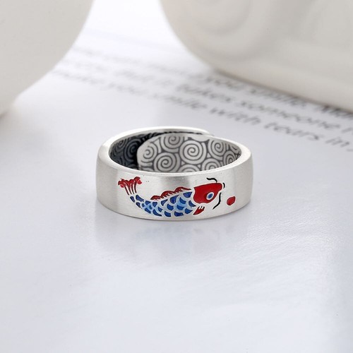 Retro 925 Sterling Silver Matt Craftsmanship Koi Pattern Epoxy Glaze ...