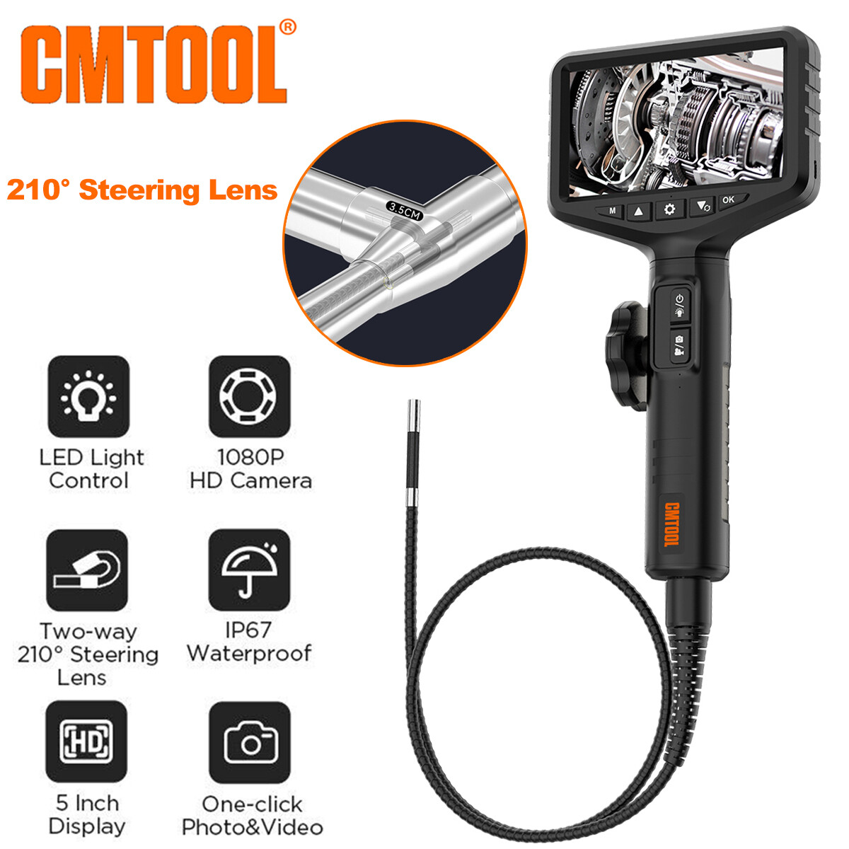 5 Inch Articulating Borescope Fiber Optic Videoscope 6.35mm Inspection ...