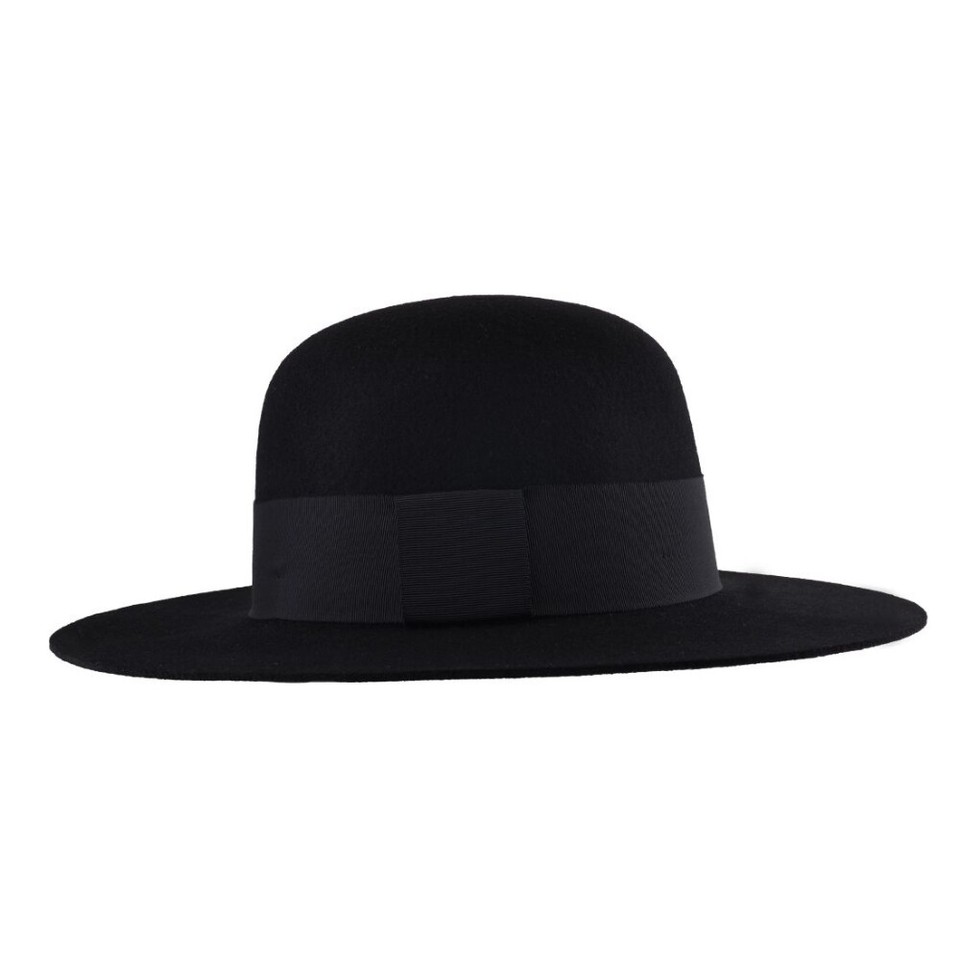Wide Brim Bolero Fedora Hat – Black 100% Wool Felt Round Crown Stiff ...