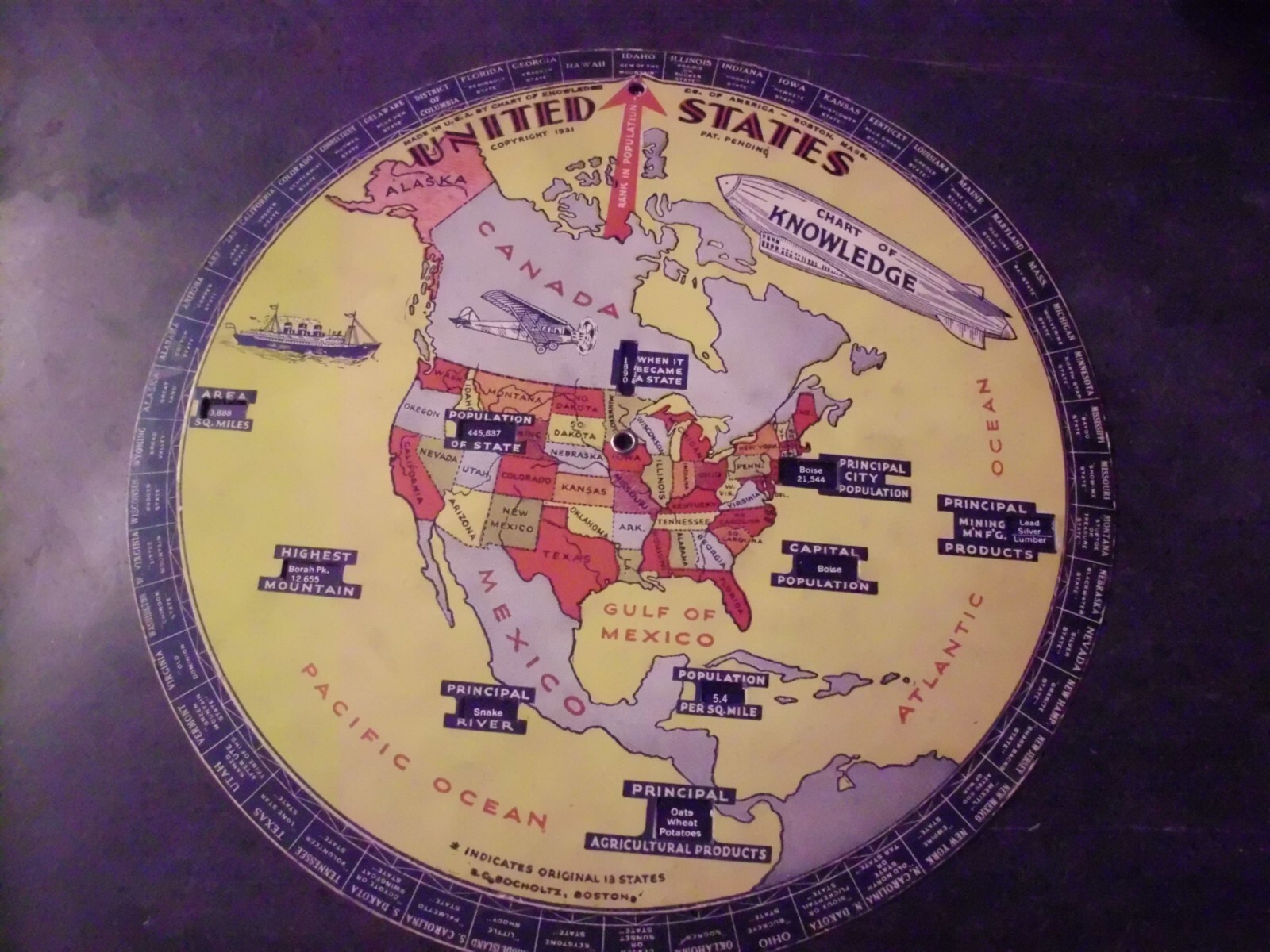 THE UNITED STATES CHART OF KNOWLEDGE 50 STATES TURN WHEEL 1931 RIVERS ...
