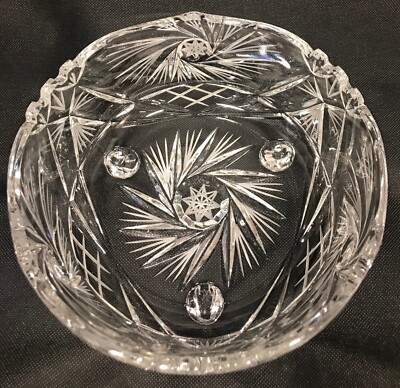 Brilliant Cut Heavy Glass 3 Footed Bowl Pinwheel Hobstar Design 8 Point ...