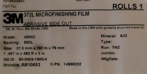 3m 372L Microfinishing Film 40mic 1.457"x492'x3" PN14986202 | eBay