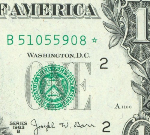 ** STAR ** $1 1963 ((CHOICE CU)) ((JOSEPH BARR)) Federal Reserve Note ...