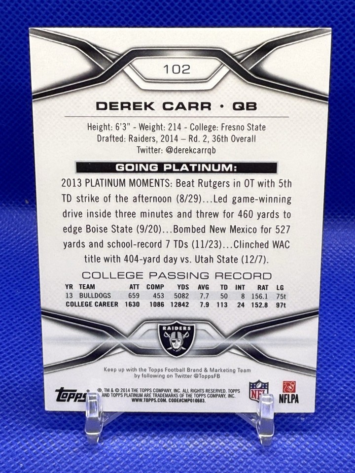 Derek Carr 2014 Topps Platinum #102 Rookie Card RC Oakland Raiders | eBay
