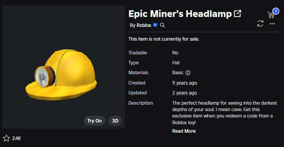 R0BLOX Epic Miner's Headlamp Toy Code! (Read Description Before Buying ...