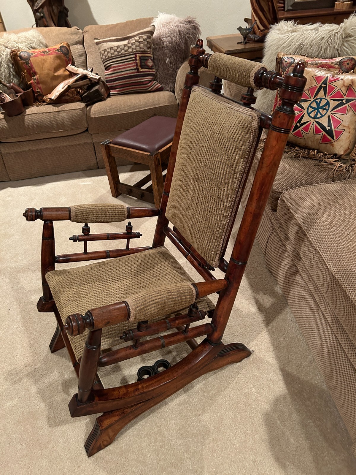 Rustic Antique 19th Century Indian Hand-Carved Turned Rocking Chair ...