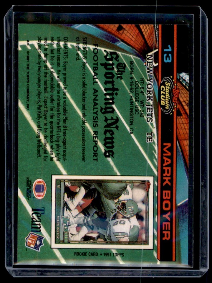 1991 STADIUM CLUB MARK BOYER NEW YORK JETS #13 | eBay