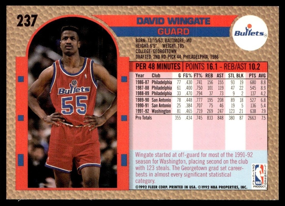 1992-93 Fleer David Wingate Washington Bullets #237 | eBay
