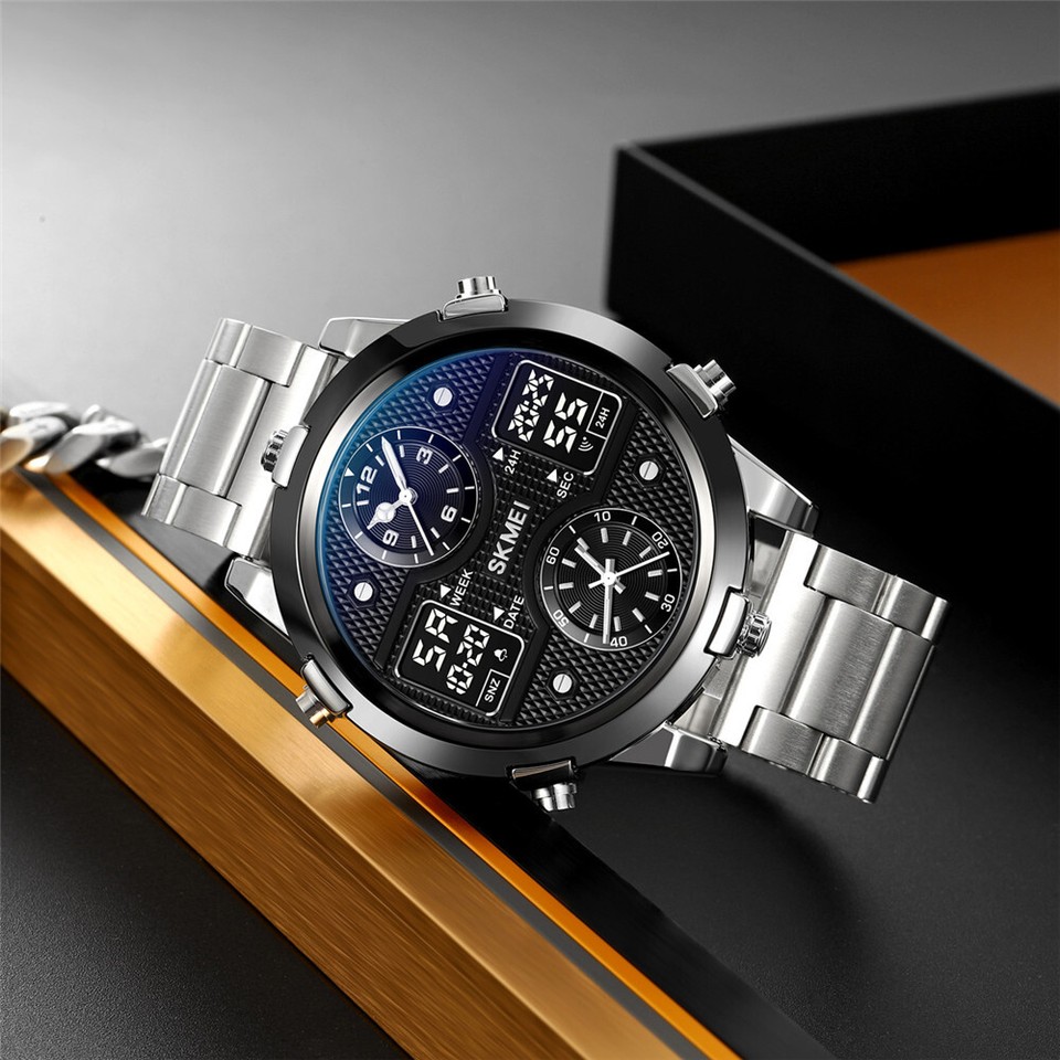 SKMEI Men Quartz Watch Dual Time Military Wristwatch Male Steel Digital ...