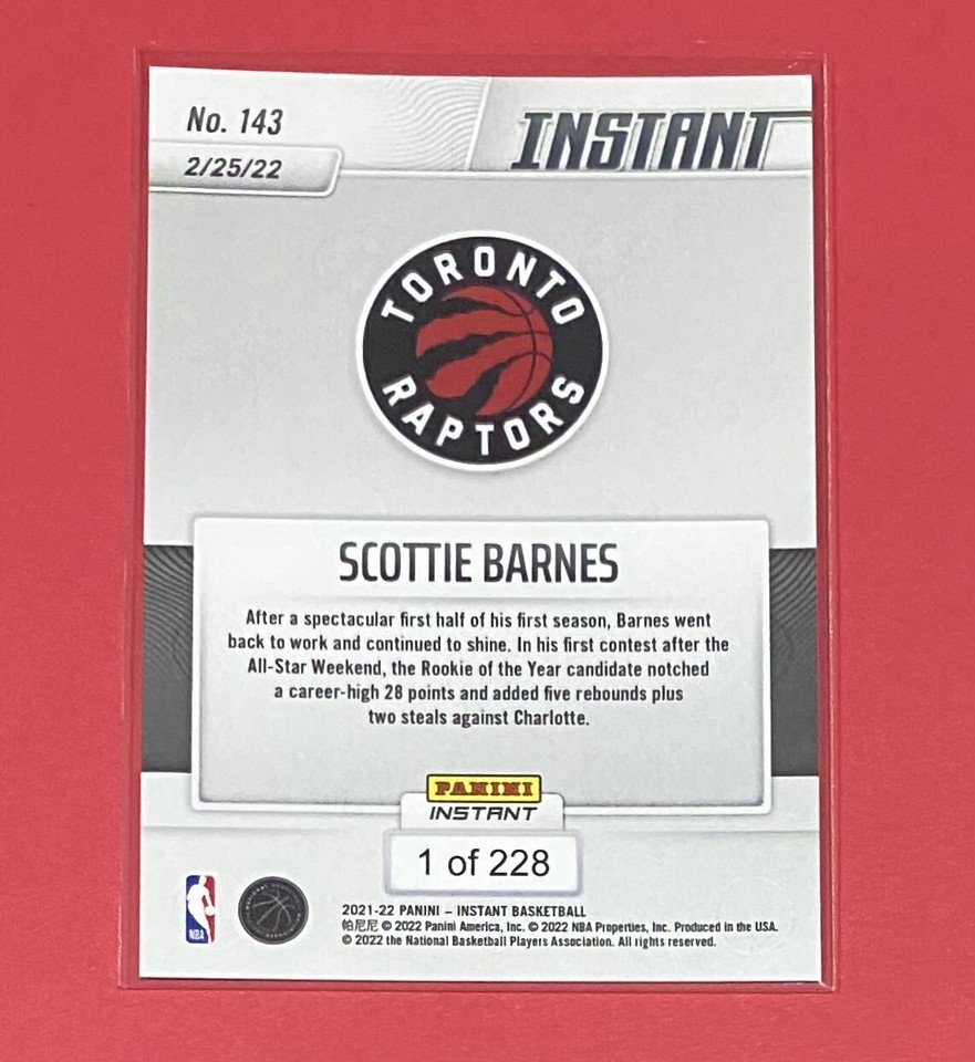 2021-22 Panini Instant Scottie Barnes ROOKIE CARD 1/228 SP Raptors #143 ...