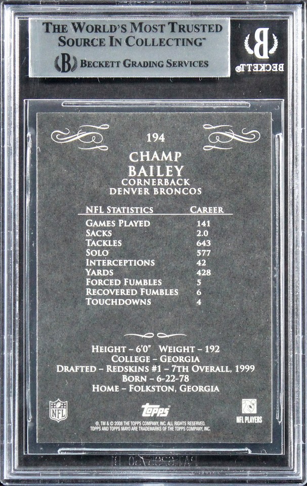 Broncos Champ Bailey Authentic Signed 2008 Topps Mayo #194 Card BAS ...