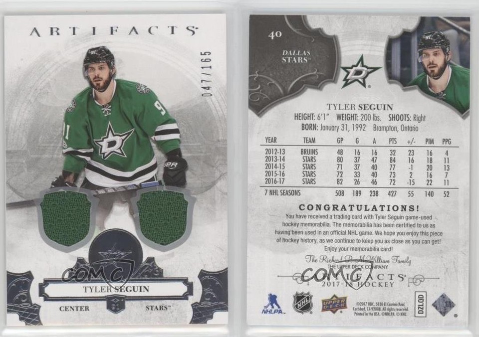 2017-18 Upper Deck Artifacts Silver Materials 47/165 Tyler Seguin #40 ...