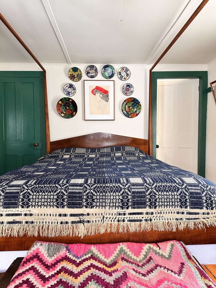 Antique primitive American indigo jacquard wool overshot coverlet ...